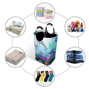 Wondertify Underwater World Laundry Hamper Dolphins Plants Blue Ocean Bottom Aquatic Algae Fish Clothes Basket With Easy Carry Handles For Clothes Organizer Toys Storage