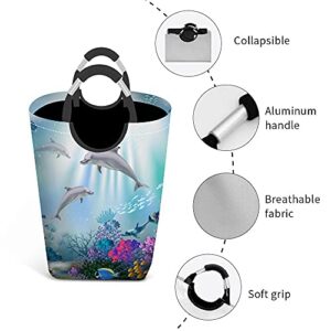 Wondertify Underwater World Laundry Hamper Dolphins Plants Blue Ocean Bottom Aquatic Algae Fish Clothes Basket With Easy Carry Handles For Clothes Organizer Toys Storage