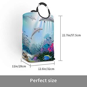 Wondertify Underwater World Laundry Hamper Dolphins Plants Blue Ocean Bottom Aquatic Algae Fish Clothes Basket With Easy Carry Handles For Clothes Organizer Toys Storage