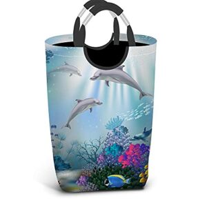 Wondertify Underwater World Laundry Hamper Dolphins Plants Blue Ocean Bottom Aquatic Algae Fish Clothes Basket With Easy Carry Handles For Clothes Organizer Toys Storage