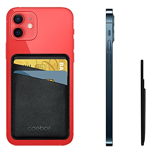 doeboe Leather Phone Card Holder for Back of Phone, Credit Card Case Stick on Cell Phone, Strongly Adhesive Phone Wallet Sleeve, Compatible with iPhone, Samsung, Android and All Smartphones (Black)