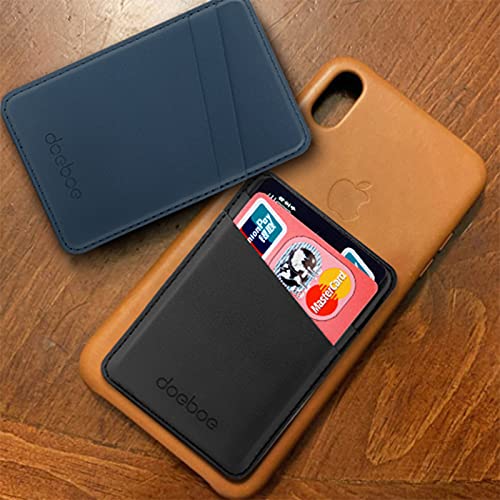 doeboe Leather Phone Card Holder for Back of Phone, Credit Card Case Stick on Cell Phone, Strongly Adhesive Phone Wallet Sleeve, Compatible with iPhone, Samsung, Android and All Smartphones (Black)