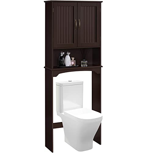 Topeakmart Over The Toilet Storage Cabinet Bathroom Organizer with Adjustable Shelf & Double Doors for Toilet, Home Space-Saving Furniture, L24.5xW9xH66 Inches, Espresso