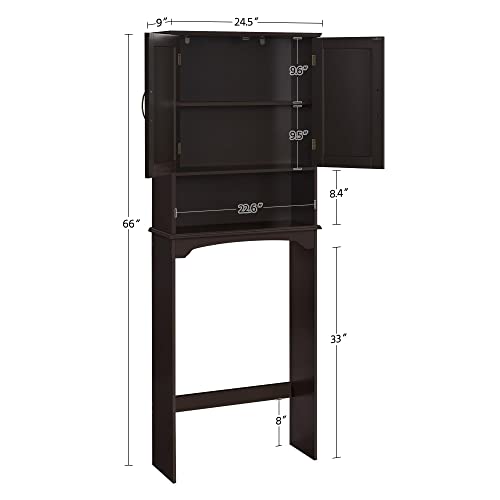 Topeakmart Over The Toilet Storage Cabinet Bathroom Organizer with Adjustable Shelf & Double Doors for Toilet, Home Space-Saving Furniture, L24.5xW9xH66 Inches, Espresso