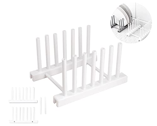 Halyuhn White Plate Organizer for Cabinet 4 Pack, Plstic Plate Rack Stand Keep Dry for Dish, Bowl, Bakeware, Serving Tray and More, Plate Holder for Cabinet Rack, Dish Organizer Rack for Cabinet