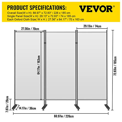 VEVOR Room Divider 6ft, Room Divider Wall 3 Panels, Partition Room Dividers 89"x73", Folding Room Divider, Panel Room Divider, Folding Privacy Screen with Wheels (Light Gray) for Home, Dorm, Office