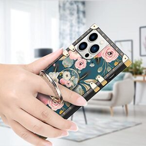 HoneyAKE Compatible with iPhone 13 Pro Max Case with Kickstand Women Girls Soft TPU Shockproof Protective Heavy Duty Metal Reinforced Square Phone Case Cover for iPhone 13 Pro Max 6.7 inch Flower