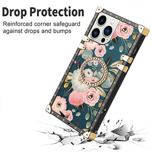 HoneyAKE Compatible with iPhone 13 Pro Max Case with Kickstand Women Girls Soft TPU Shockproof Protective Heavy Duty Metal Reinforced Square Phone Case Cover for iPhone 13 Pro Max 6.7 inch Flower