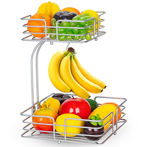 Auledio 2-Tier Square Countertop Fruit Vegetables Basket Bowl Storage With Banana Hanger,Sliver