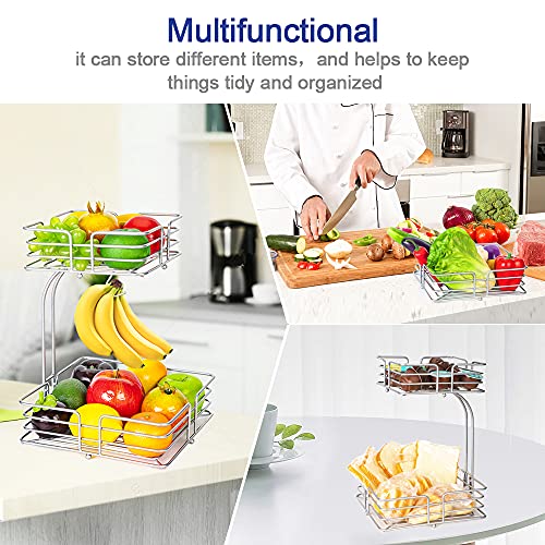 Auledio 2-Tier Square Countertop Fruit Vegetables Basket Bowl Storage With Banana Hanger,Sliver