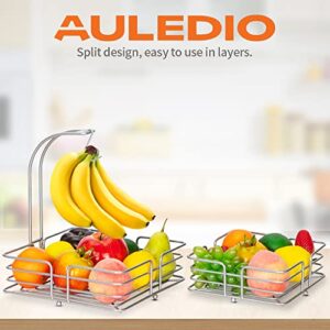 Auledio 2-Tier Square Countertop Fruit Vegetables Basket Bowl Storage With Banana Hanger,Sliver