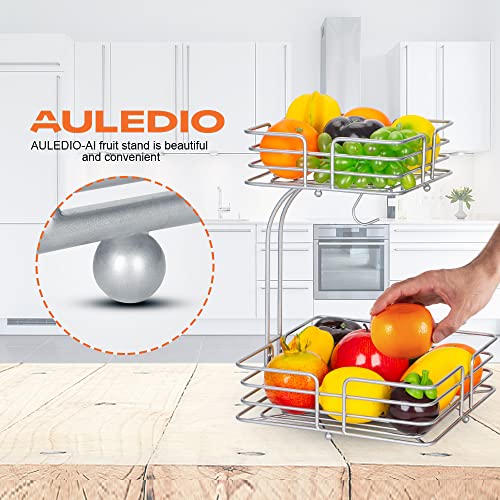 Auledio 2-Tier Square Countertop Fruit Vegetables Basket Bowl Storage With Banana Hanger,Sliver