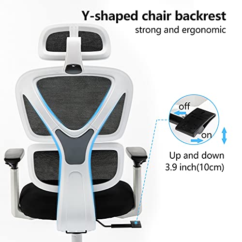 KERDOM Ergonomic Office Chair, Home Desk Chair, Comfy Breathable Mesh Task Chair, High Back Thick Cushion Computer Chair with Headrest and 3D Armrests, Adjustable Height Home Gaming Chair S-White