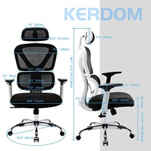 KERDOM Ergonomic Office Chair, Home Desk Chair, Comfy Breathable Mesh Task Chair, High Back Thick Cushion Computer Chair with Headrest and 3D Armrests, Adjustable Height Home Gaming Chair S-White