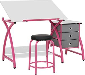 offex 2 piece venus craft table with angle adjustable top and 20.5" h matching padded stool, pink/white - great for home, office, kids room and more