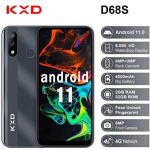 KXD 4G Unlocked Cell Phones D68S Smartphones Unlocked Android 11 -Mobile Phones Dual SIM Free - 4000 mAh Battery - 2GB+32/128GB Extension - Face Unlock & Fingerprint - 8MP Triple Cameras - Black