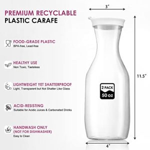 NETANY 50oz Water Carafe with Flip Top Lid, Clear Plastic Pitcher for Iced Tea, Juice, Lemonade, Milk, Cold Brew, Mimosa Bar - Juice Containers with Lids for Fridge - Set of 2, HAND WASH ONLY