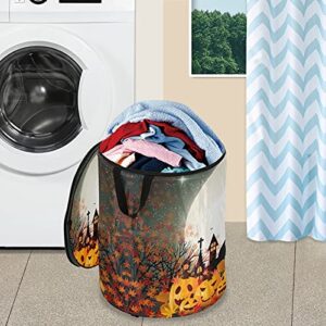 Halloween Pumpkin Haunted House Pop Up Laundry Hamper with Lid Foldable Storage Basket Collapsible Laundry Bag for Camping Organization Home