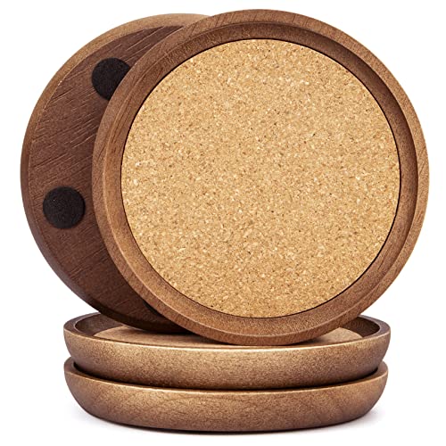 Wooden Drink Coasters,4 Cup Coasters for Drinks Absorbent Cork Coasters Set,Large Natural Wood Stackable Reusable Coasters for Home Office Coffee Bar Table,Rustic Gifts for New Home Friends (4 Pack)