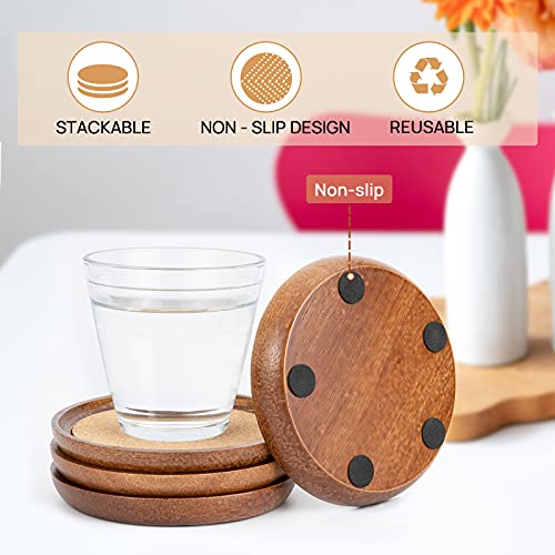 Wooden Drink Coasters,4 Cup Coasters for Drinks Absorbent Cork Coasters Set,Large Natural Wood Stackable Reusable Coasters for Home Office Coffee Bar Table,Rustic Gifts for New Home Friends (4 Pack)