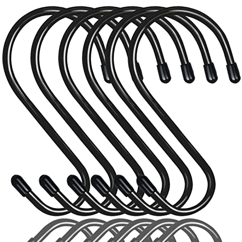 6 Inch Large S Hooks for Hanging,Heavy Duty S Hook with Rubber Stopper S Shaped Hooks for Clothes,Plants,Metal Black S Hangers for Tree Branch,Bird Feeder,Pots and Pans Closet Garden 6 Pack