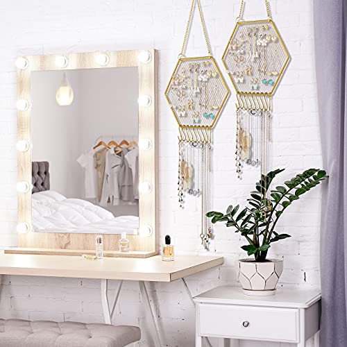 2 Pieces Earring Wall Holder Wall Mounted Earring Organizer Hanging Hexagon Earring Stand Decorative Diamond Grid Shape Jewelry Display Rack with Hanging Hooks for Earrings Necklaces Bracelets (Gold)