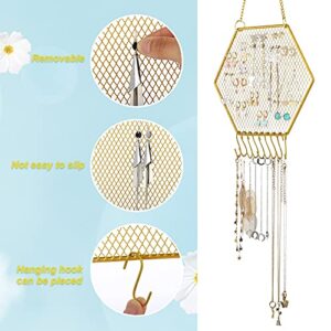 2 Pieces Earring Wall Holder Wall Mounted Earring Organizer Hanging Hexagon Earring Stand Decorative Diamond Grid Shape Jewelry Display Rack with Hanging Hooks for Earrings Necklaces Bracelets (Gold)