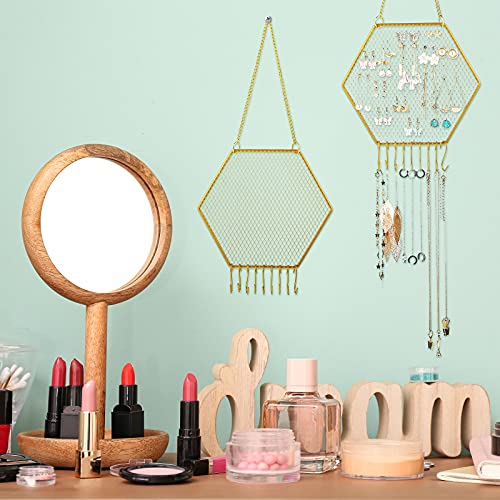 2 Pieces Earring Wall Holder Wall Mounted Earring Organizer Hanging Hexagon Earring Stand Decorative Diamond Grid Shape Jewelry Display Rack with Hanging Hooks for Earrings Necklaces Bracelets (Gold)