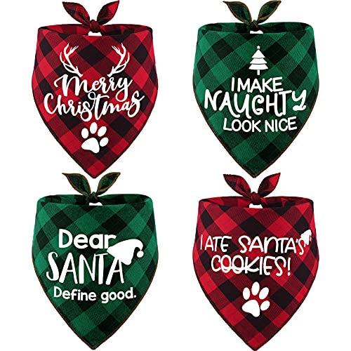 4 Pack Birthday Dog Bandanas - Classic Triangle Merry Christmas Printing Fall Plaid Xmas Pet Scarf Bibs Kerchief Gifts Set - Pet Holiday Accessories Decoration for Small to Large Puppy Dogs Cats