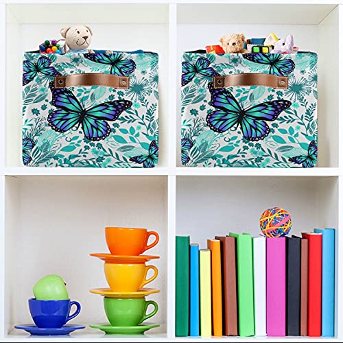 KEEPREAL Blue Butterflies Storage Basket Bin, Large Cube Storage Box Canvas Collapsible Storage Organizer for Home Office Closet - 15 L x 11 W x 9.5 H