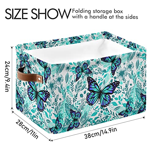 KEEPREAL Blue Butterflies Storage Basket Bin, Large Cube Storage Box Canvas Collapsible Storage Organizer for Home Office Closet - 15 L x 11 W x 9.5 H