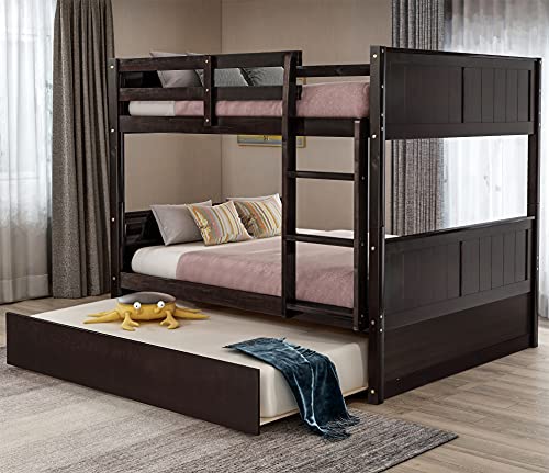 MERITLINE Full Over Full Bunk Bed with Trundle, Wood Bunk Bed with Twin Size Trundle, for Kids Teens Adults (Espresso)