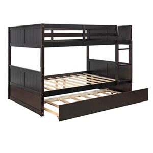 MERITLINE Full Over Full Bunk Bed with Trundle, Wood Bunk Bed with Twin Size Trundle, for Kids Teens Adults (Espresso)