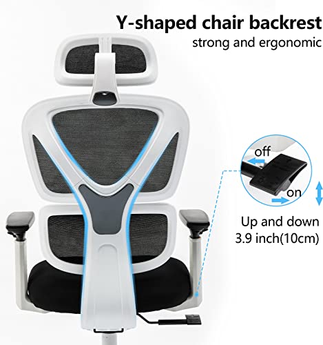 KERDOM Ergonomic Office Chair, Home Desk Chair, Comfy Breathable Mesh Task Chair, High Back Thick Cushion Computer Chair with Headrest and 3D Armrests, Adjustable Height Home Gaming Chair White