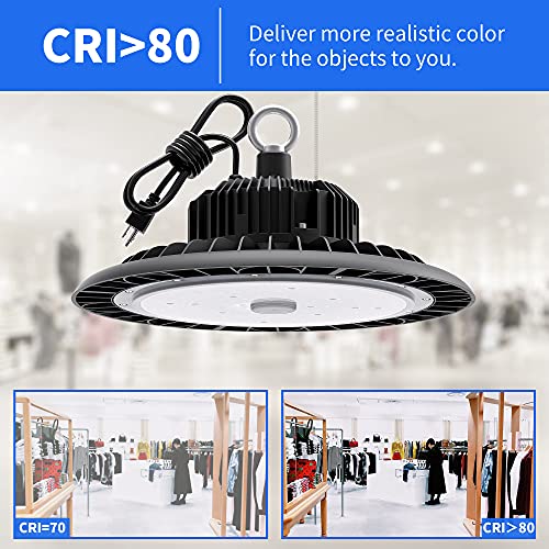 LED High Bay Light 150W 21000 LM with US Plug 5ft Cable, 5000K Daylight, IP65 Waterproof, Non-Dim, UFO Commercial Warehouse Workshop Factory Barn Garage Lowbay Area Lighting Fixture