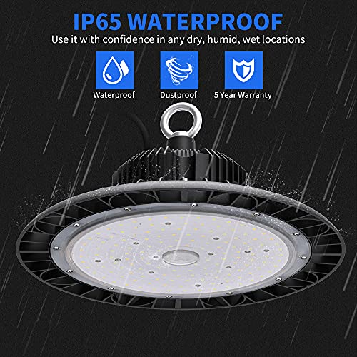 LED High Bay Light 150W 21000 LM with US Plug 5ft Cable, 5000K Daylight, IP65 Waterproof, Non-Dim, UFO Commercial Warehouse Workshop Factory Barn Garage Lowbay Area Lighting Fixture