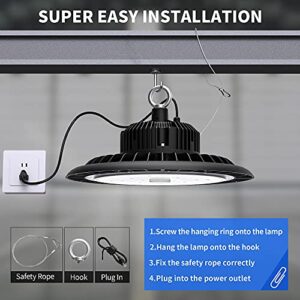 LED High Bay Light 150W 21000 LM with US Plug 5ft Cable, 5000K Daylight, IP65 Waterproof, Non-Dim, UFO Commercial Warehouse Workshop Factory Barn Garage Lowbay Area Lighting Fixture