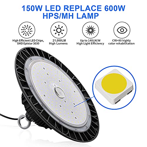 LED High Bay Light 150W 21000 LM with US Plug 5ft Cable, 5000K Daylight, IP65 Waterproof, Non-Dim, UFO Commercial Warehouse Workshop Factory Barn Garage Lowbay Area Lighting Fixture