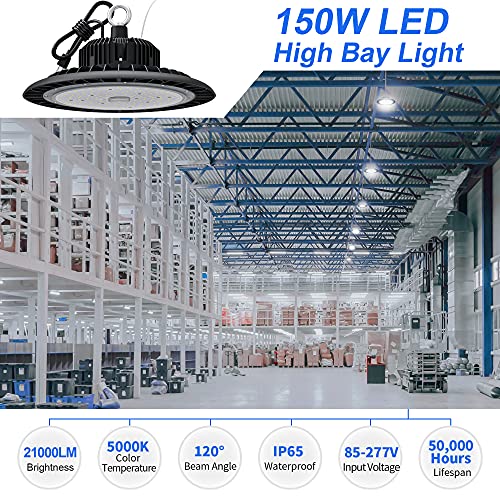 LED High Bay Light 150W 21000 LM with US Plug 5ft Cable, 5000K Daylight, IP65 Waterproof, Non-Dim, UFO Commercial Warehouse Workshop Factory Barn Garage Lowbay Area Lighting Fixture