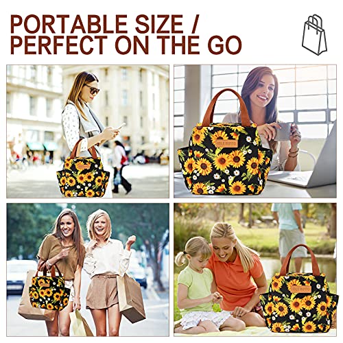 Lunch Bags for Women Insulated Lunch Bag Reusable Lunch Cooler Bag with Large Side Pockets Lunch Box Durable Lunch Container Reusable Lunch Tote Bag for Camping, Hiking, Picnic (D-Sunflowers)