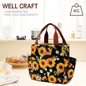 Lunch Bags for Women Insulated Lunch Bag Reusable Lunch Cooler Bag with Large Side Pockets Lunch Box Durable Lunch Container Reusable Lunch Tote Bag for Camping, Hiking, Picnic (D-Sunflowers)