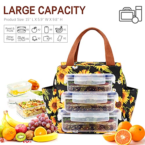 Lunch Bags for Women Insulated Lunch Bag Reusable Lunch Cooler Bag with Large Side Pockets Lunch Box Durable Lunch Container Reusable Lunch Tote Bag for Camping, Hiking, Picnic (D-Sunflowers)