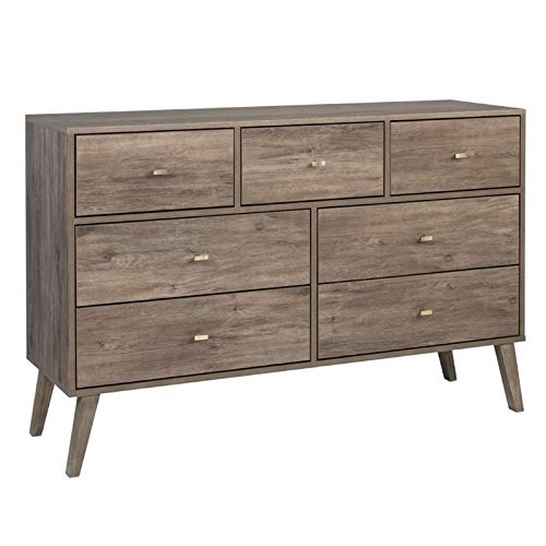 Allora Mid Century Modern Wide 7 Drawer Dresser Bedroom Dresser with 3 Small Drawers and 4 Large Drawers in Drifted Gray