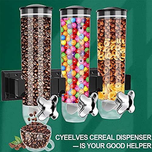 Triple Food Dispenser, Cereal Dispenser, Dry Food Dispenser Wall Mounted Cereal Dispenser, Candy Dispenser Grain Dispenser Kitchen Container with 3 Cup, Snack Dispenser for Store Nut Coffee Beans 4.5L