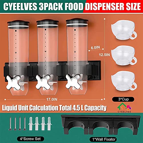 Triple Food Dispenser, Cereal Dispenser, Dry Food Dispenser Wall Mounted Cereal Dispenser, Candy Dispenser Grain Dispenser Kitchen Container with 3 Cup, Snack Dispenser for Store Nut Coffee Beans 4.5L