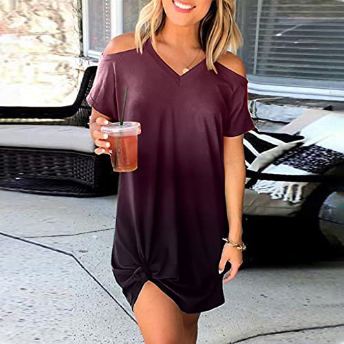 WYTong Women's Dresses Gradient Strapless Cold Shoulder V-Neck Mini Dress Casual Loose Dress(Purple,Small)