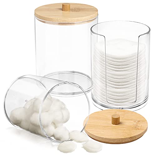 Qfeley Acrylic Q-tip Holder Dispenser with Bamboo Lid, 2 Pack Bathroom Jars Round Cotton Ball Pad Swab Holder Dispenser,Ear Stick Swabs, Toothpick Container, Round Q-tip for Bathroom Countertop