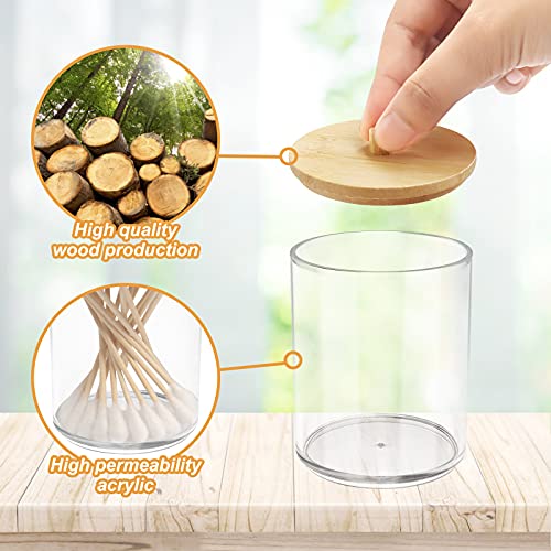 Qfeley Acrylic Q-tip Holder Dispenser with Bamboo Lid, 2 Pack Bathroom Jars Round Cotton Ball Pad Swab Holder Dispenser,Ear Stick Swabs, Toothpick Container, Round Q-tip for Bathroom Countertop