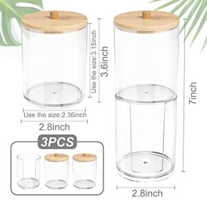 Qfeley Acrylic Q-tip Holder Dispenser with Bamboo Lid, 2 Pack Bathroom Jars Round Cotton Ball Pad Swab Holder Dispenser,Ear Stick Swabs, Toothpick Container, Round Q-tip for Bathroom Countertop