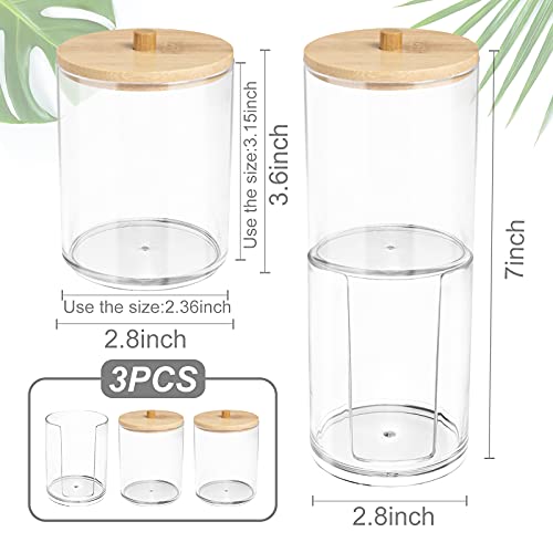 Qfeley Acrylic Q-tip Holder Dispenser with Bamboo Lid, 2 Pack Bathroom Jars Round Cotton Ball Pad Swab Holder Dispenser,Ear Stick Swabs, Toothpick Container, Round Q-tip for Bathroom Countertop